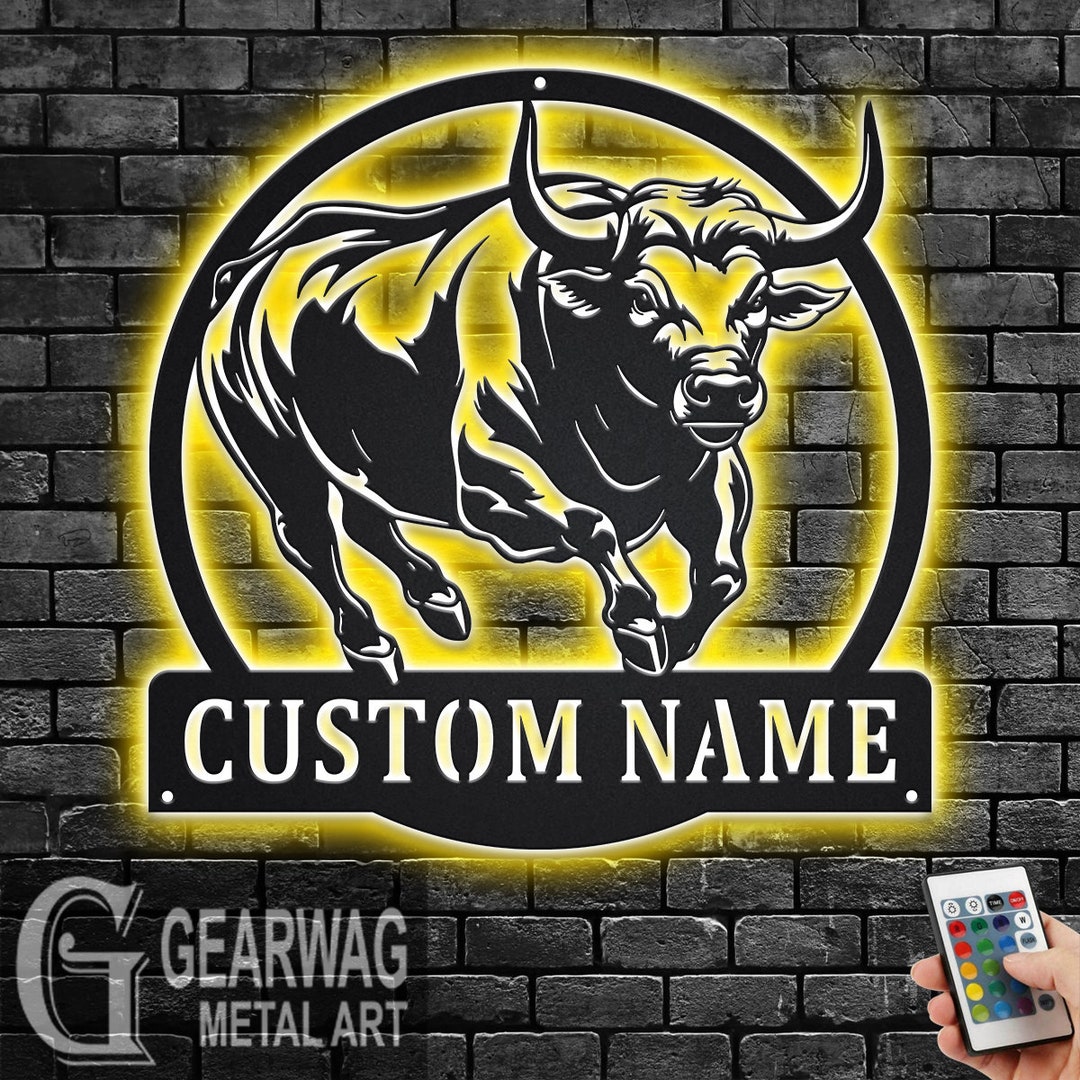 Custom Bull Metal Wall Art With LED Light, Personalized Bull Name Sign ...