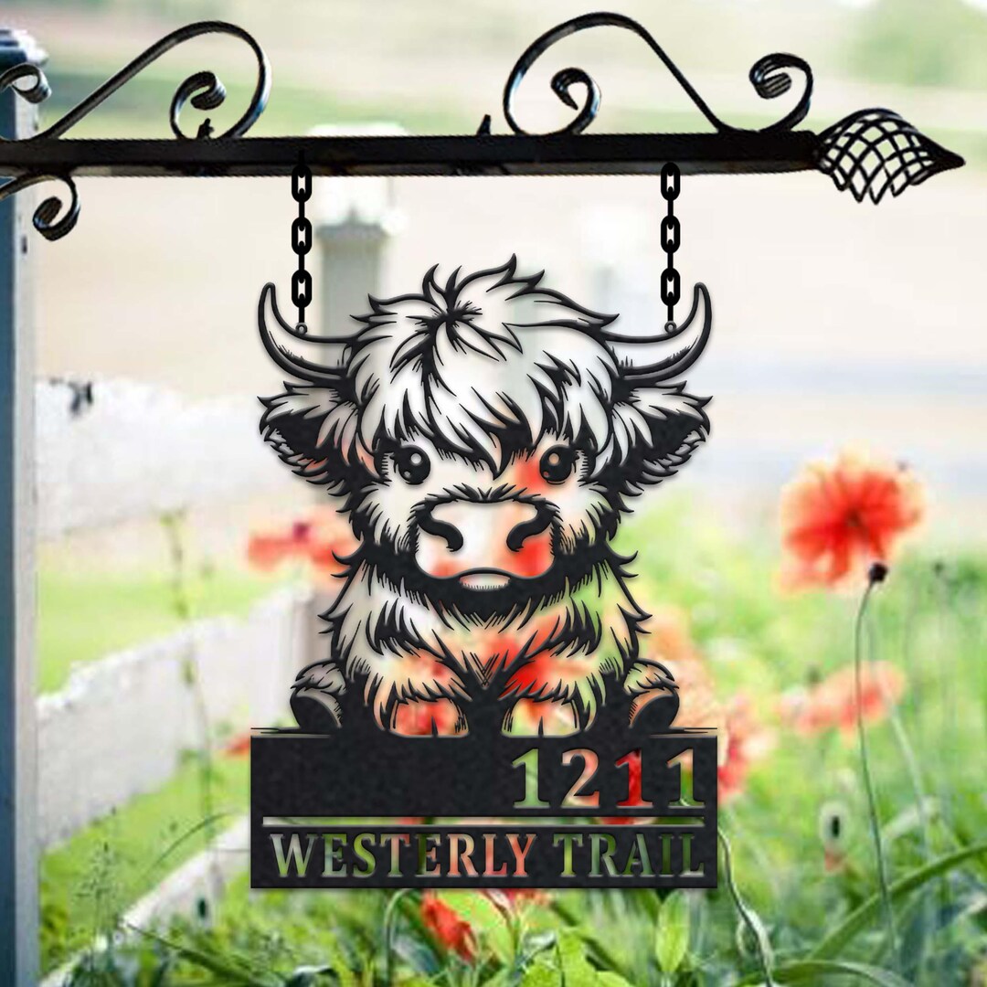 Personalized Highland Cow Metal Address Sign: Outdoor Hanging Plaque - Etsy