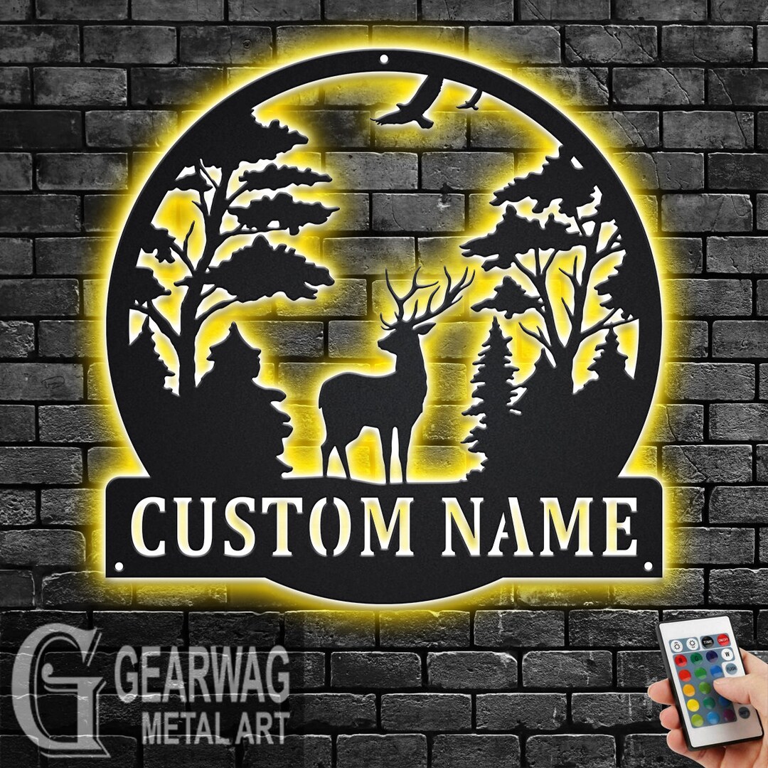 Custom Deer Wildlife Metal Wall Art With LED Light, Personalized Deer ...