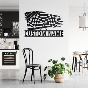 Custom US Checkered Flag Metal Wall Art With LED Light, Personalized ...