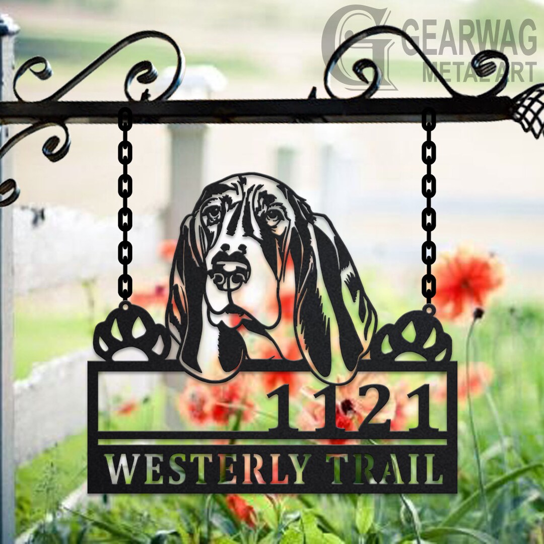 Personalized Basset Hound Dog Metal Address Sign House Number Hanging ...