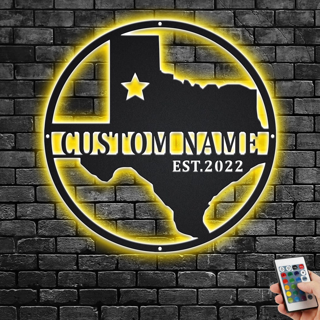 Custom Texas Metal Wall Art With LED Light, Personalized Texas Home ...