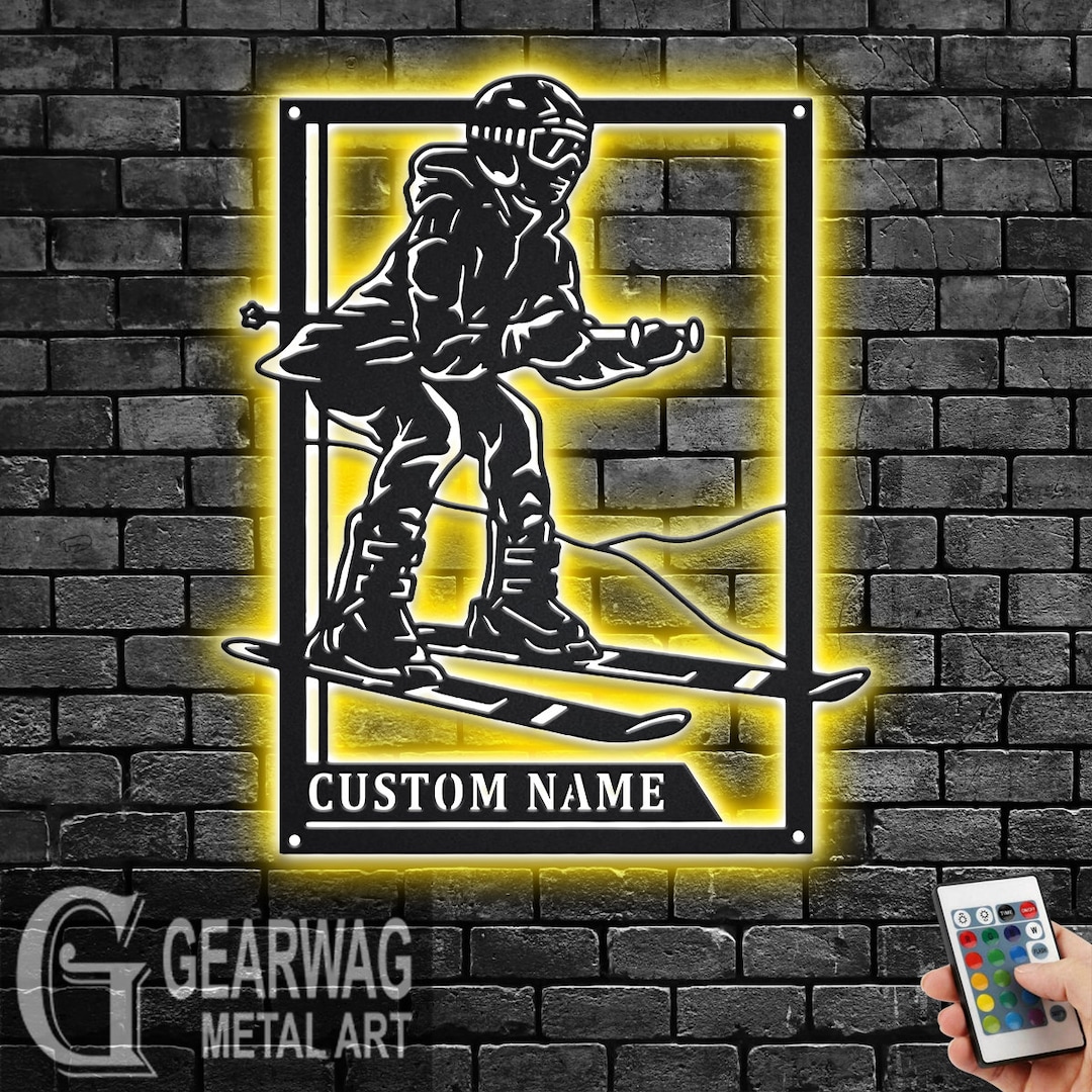 Custom Male Skiing Signage Metal Wall Art With LED Light, Personalized ...