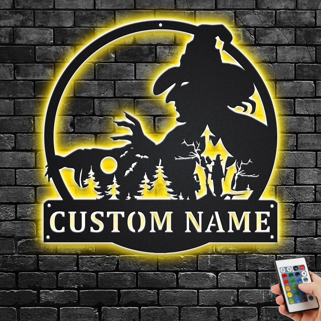 Custom Witch Scene Metal Wall Art With LED Light, Personalized Witch ...