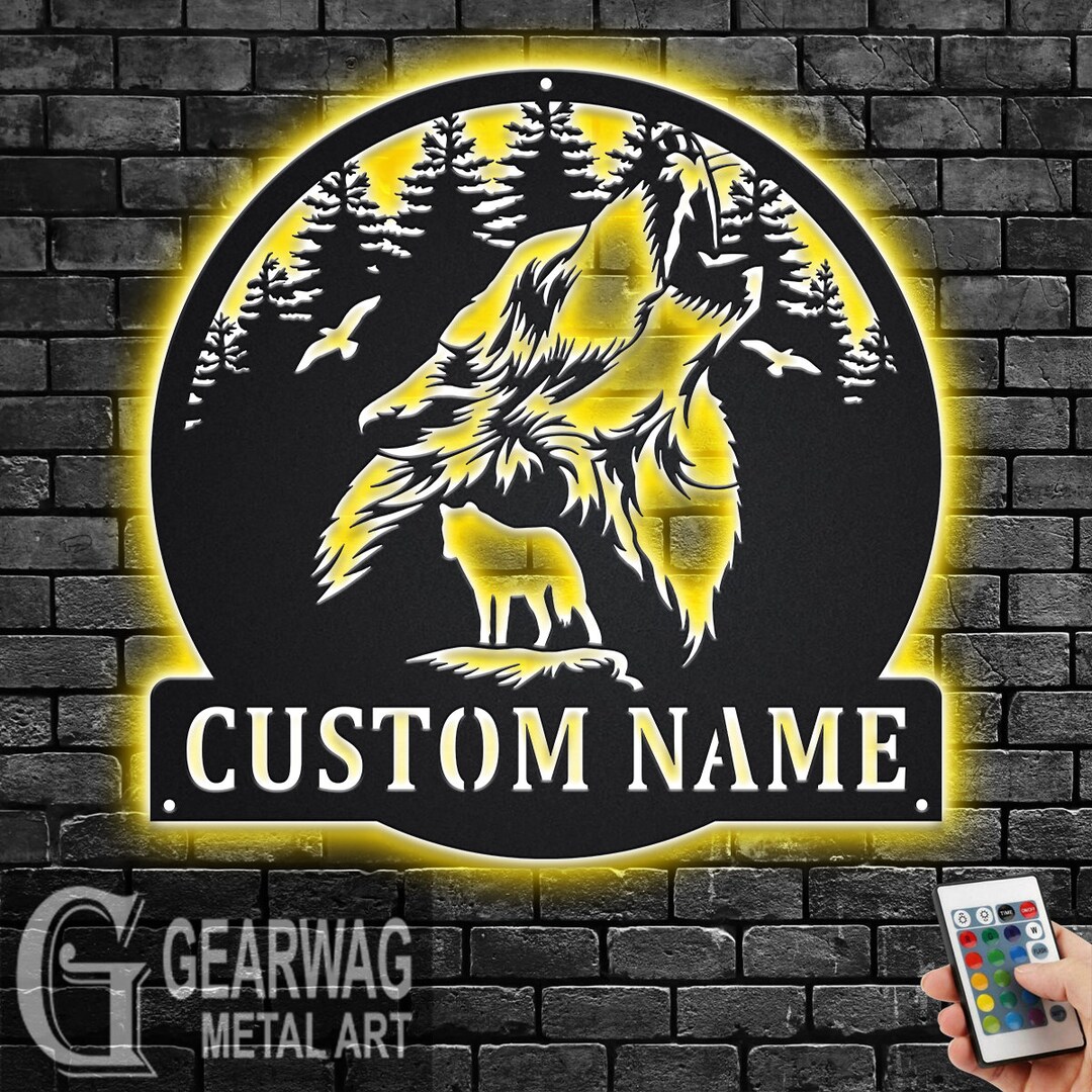 Custom Howling Wolf Metal Wall Art With LED Light, Personalized Wolf ...