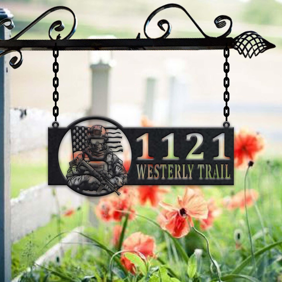 Personalized Veteran Metal Address Sign: Hanging House Number Plaque - Etsy