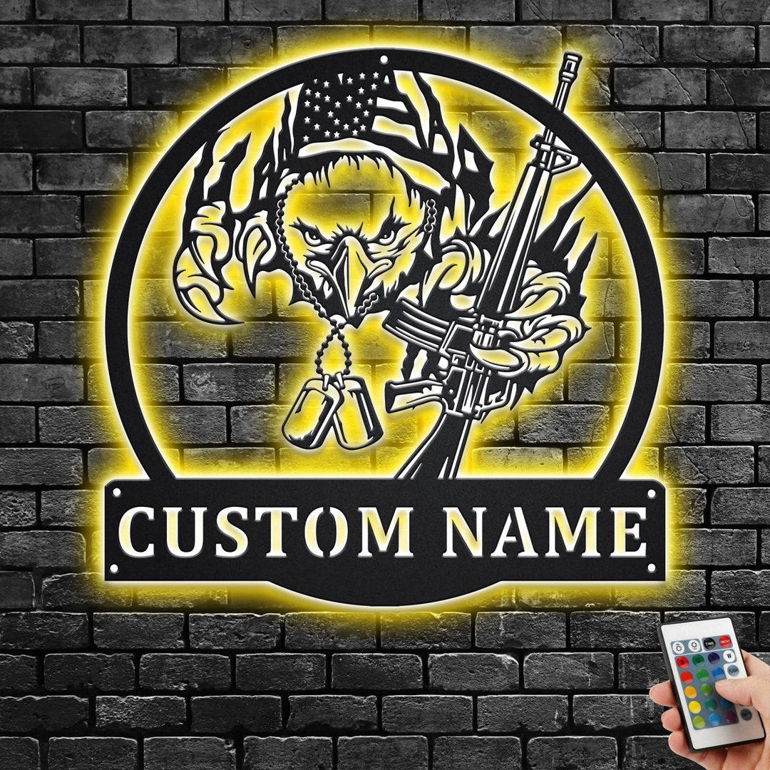 Custom US Eagle Veteran Metal Wall Art With LED Light, Personalized ...