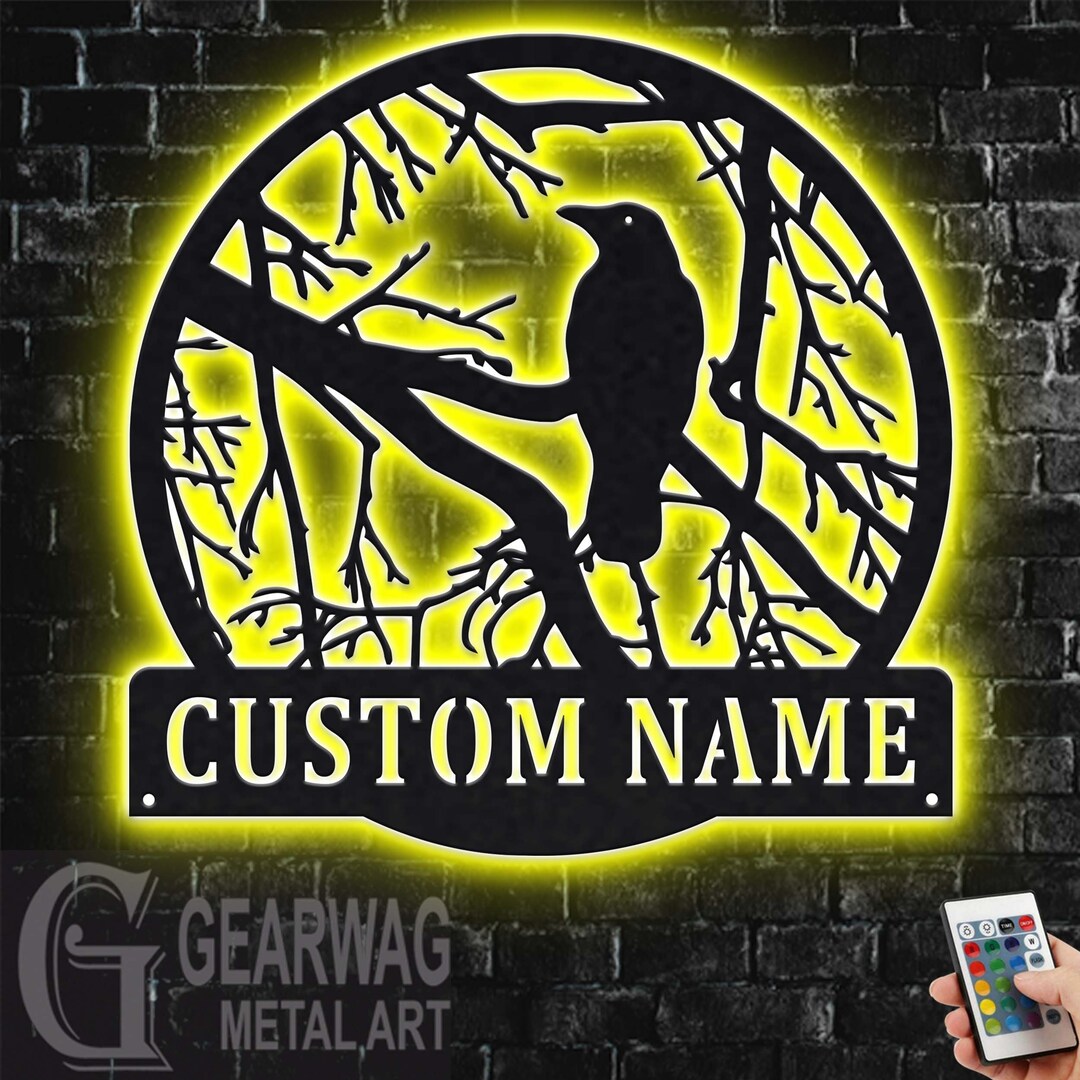 Custom Black Crow Raven Bird Metal Sign With LED Light, Personalized ...