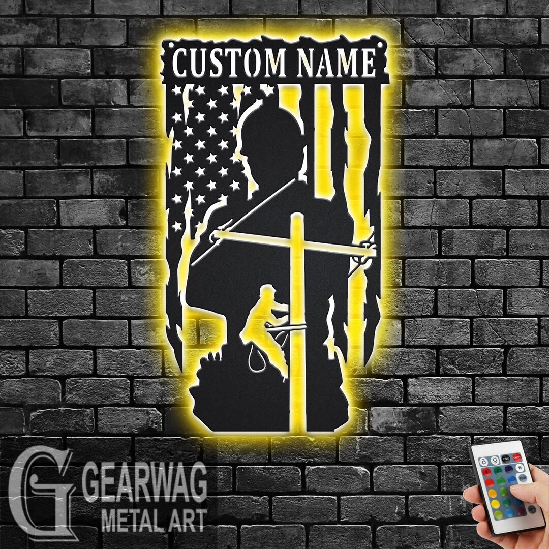 Custom US Lineman Metal Wall Art With LED Light, Personalized Lineman ...