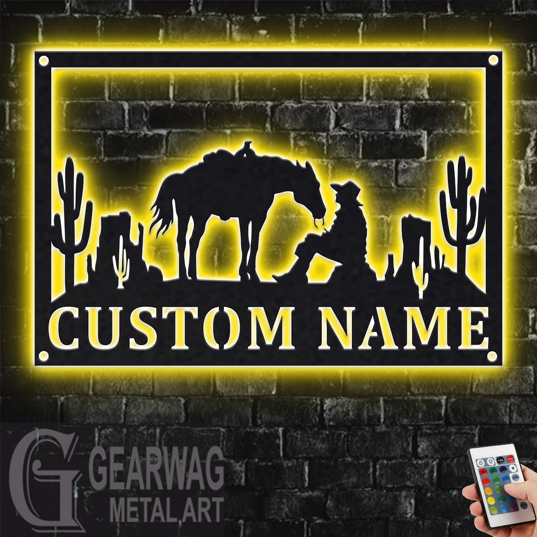 Custom Cowboy Metal Sign With LED Light, Personalized Cowboy Name Sign ...