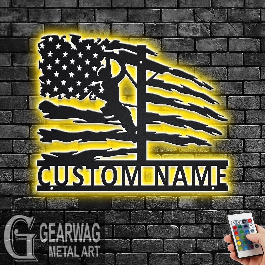 Custom US Lineman Metal Wall Art With LED Light, Personalized Lineman ...