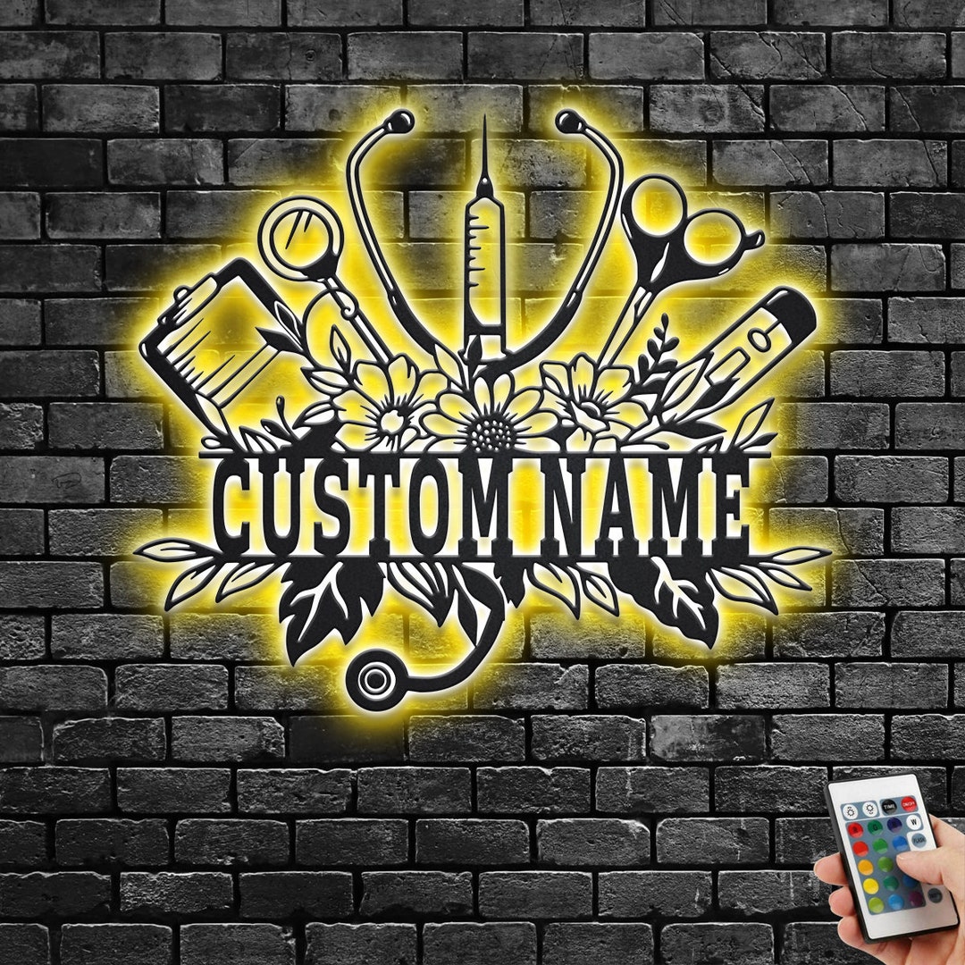Custom Nurse Floral Frame Metal Wall Art With LED Light, Personalized ...