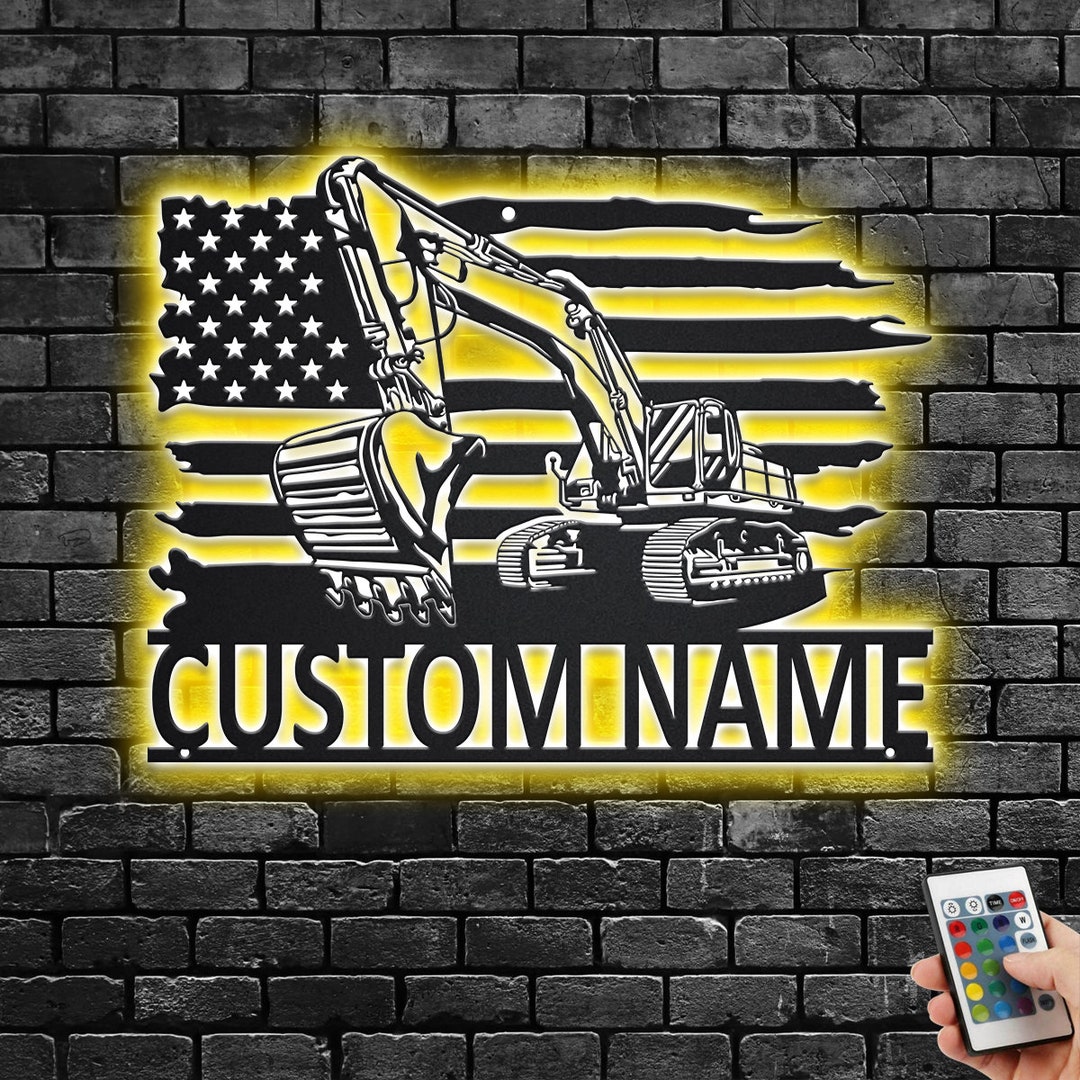 Custom Us Excavator Metal Wall Art With Led Light, Personalized ...