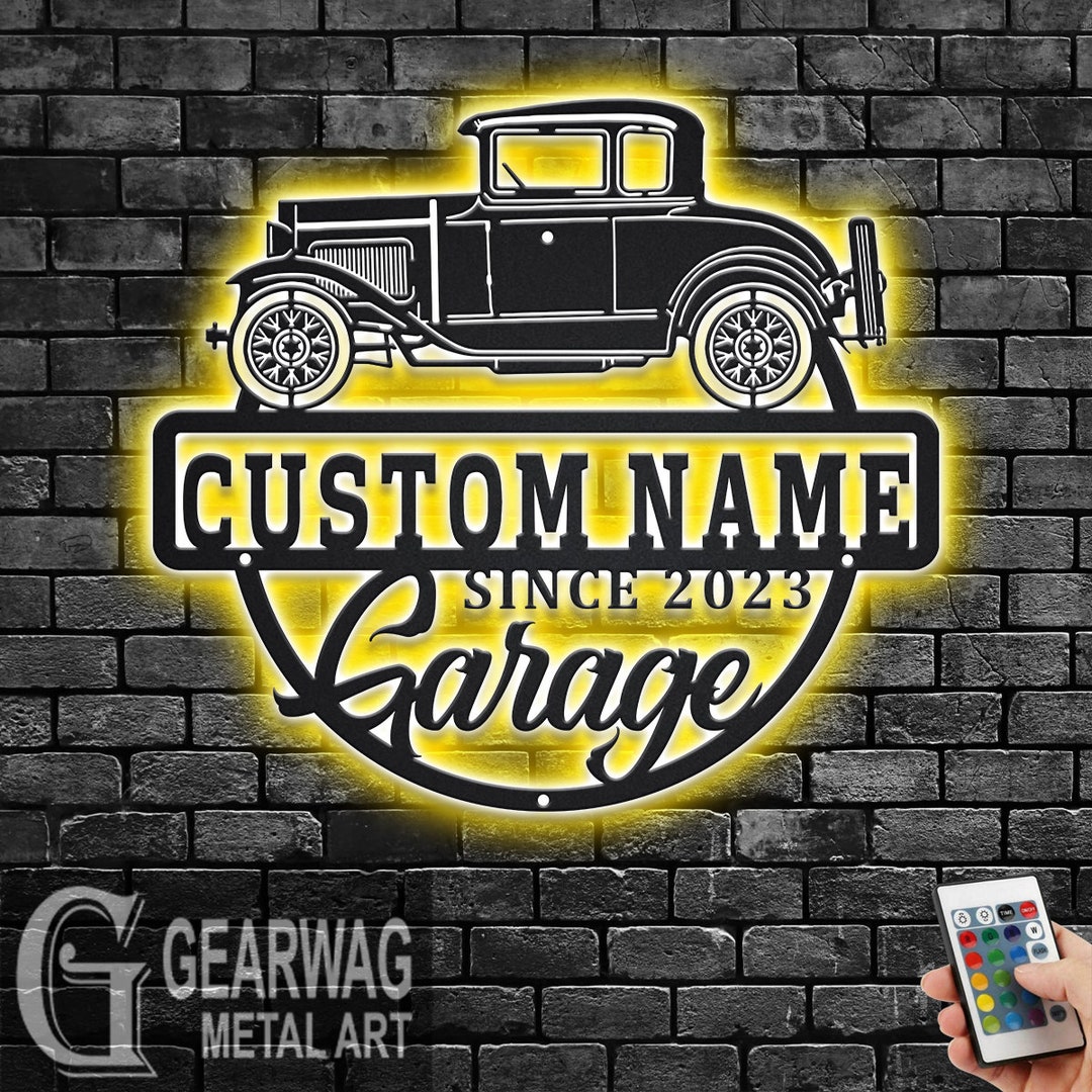 Personalized Car Garage Name Metal Sign With LED Light, Custom Garage ...