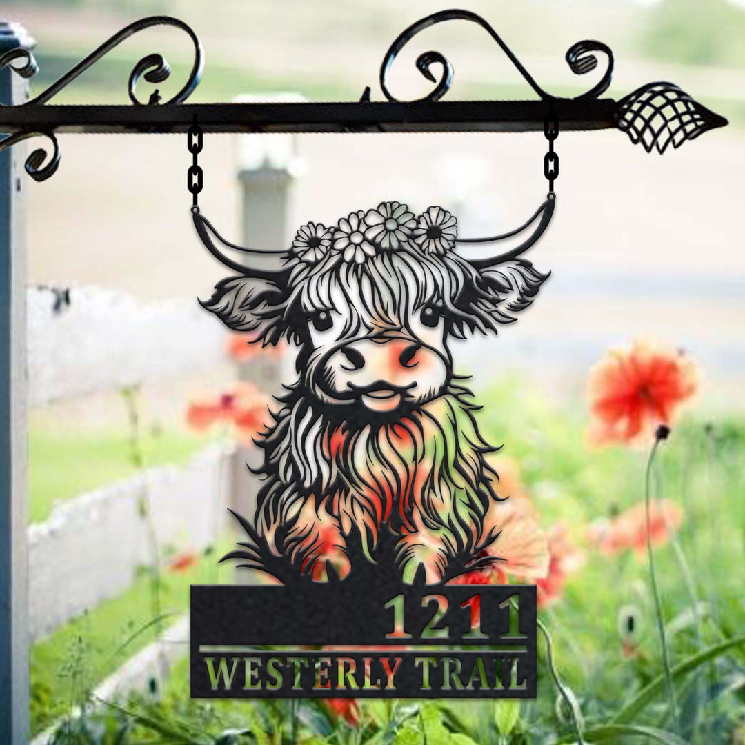 Personalized Highland Cow Metal Address Sign: Hanging House Number ...
