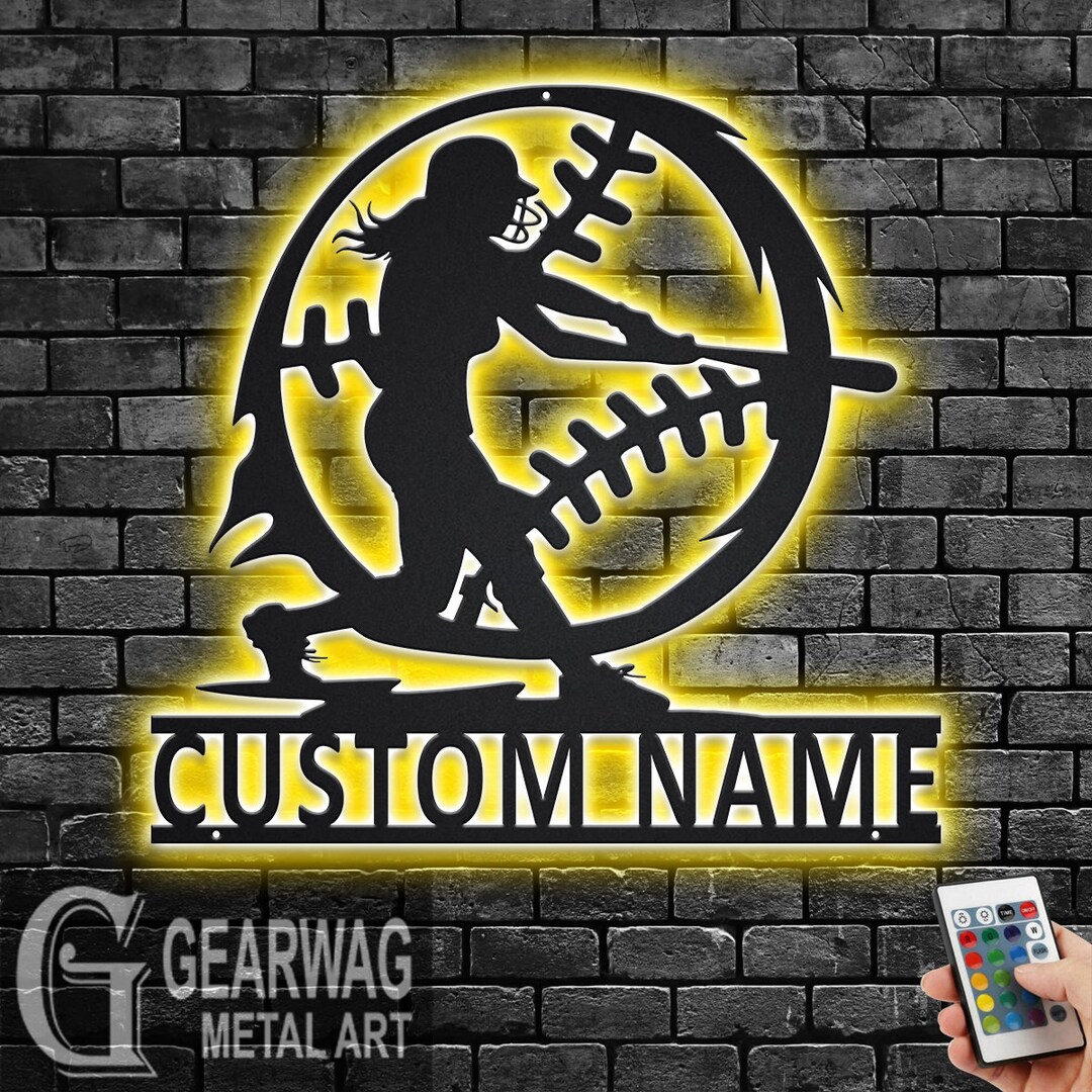 Custom Flaming Softball Metal Wall Art With LED Light, Personalized ...