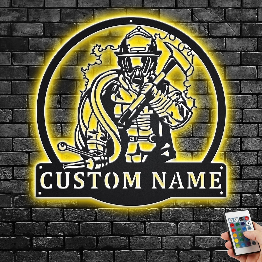 Custom Fireman Metal Wall Art With LED Light, Personalized Fireman Name ...