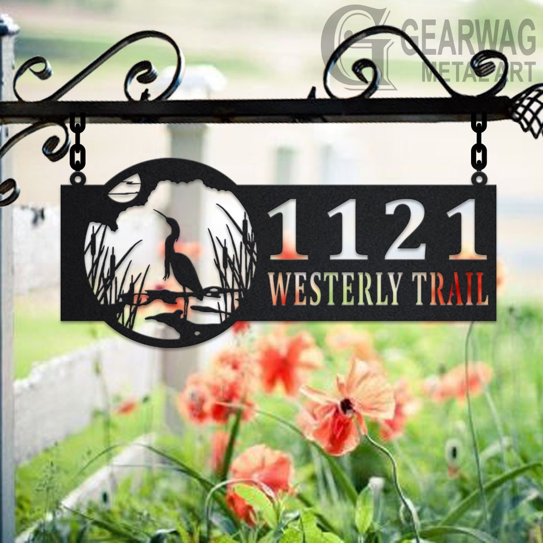 Personalized Heron Metal Address Sign: Hanging House Number Plaque - Etsy