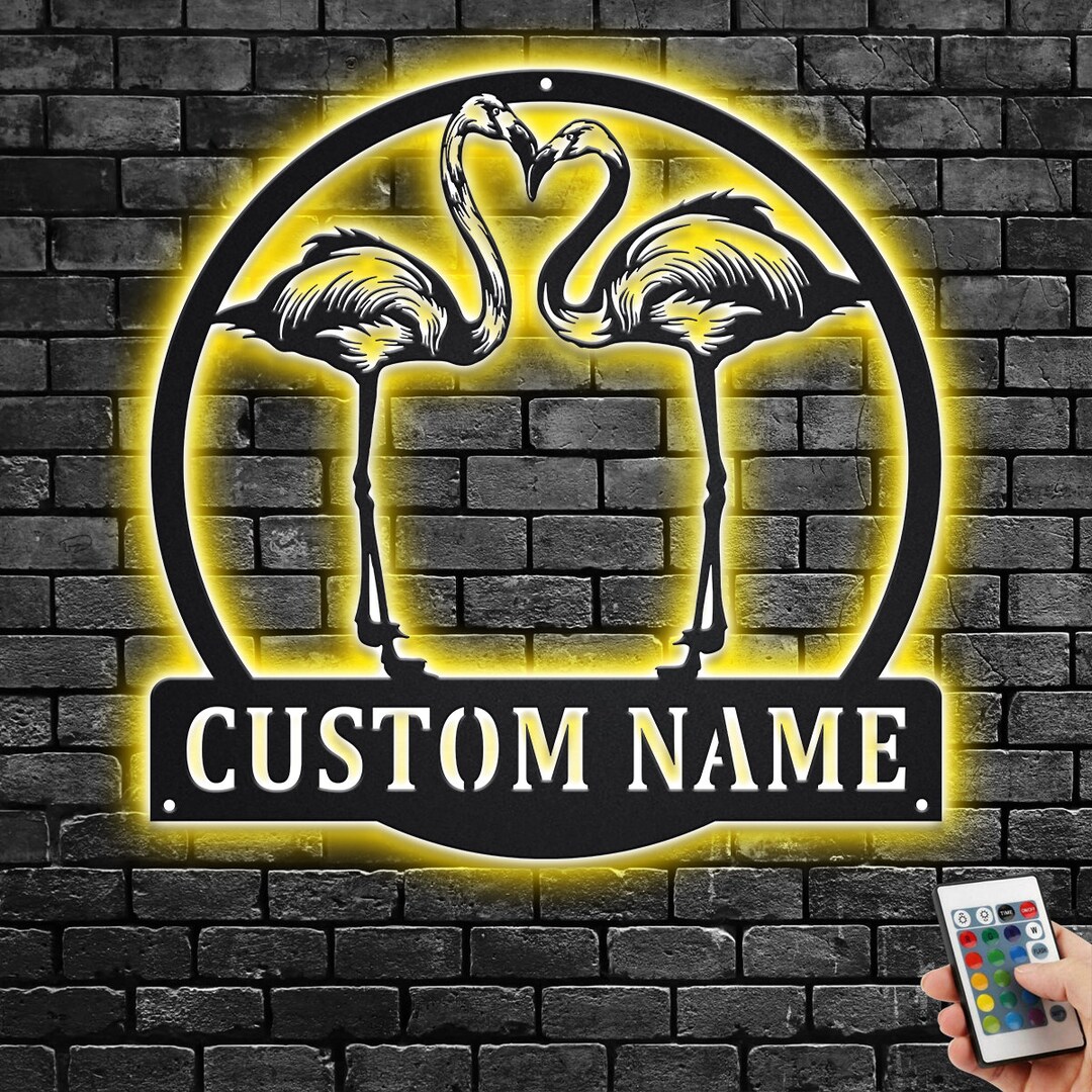 Custom Couple Flamingo Metal Wall Art With LED Light, Personalized ...