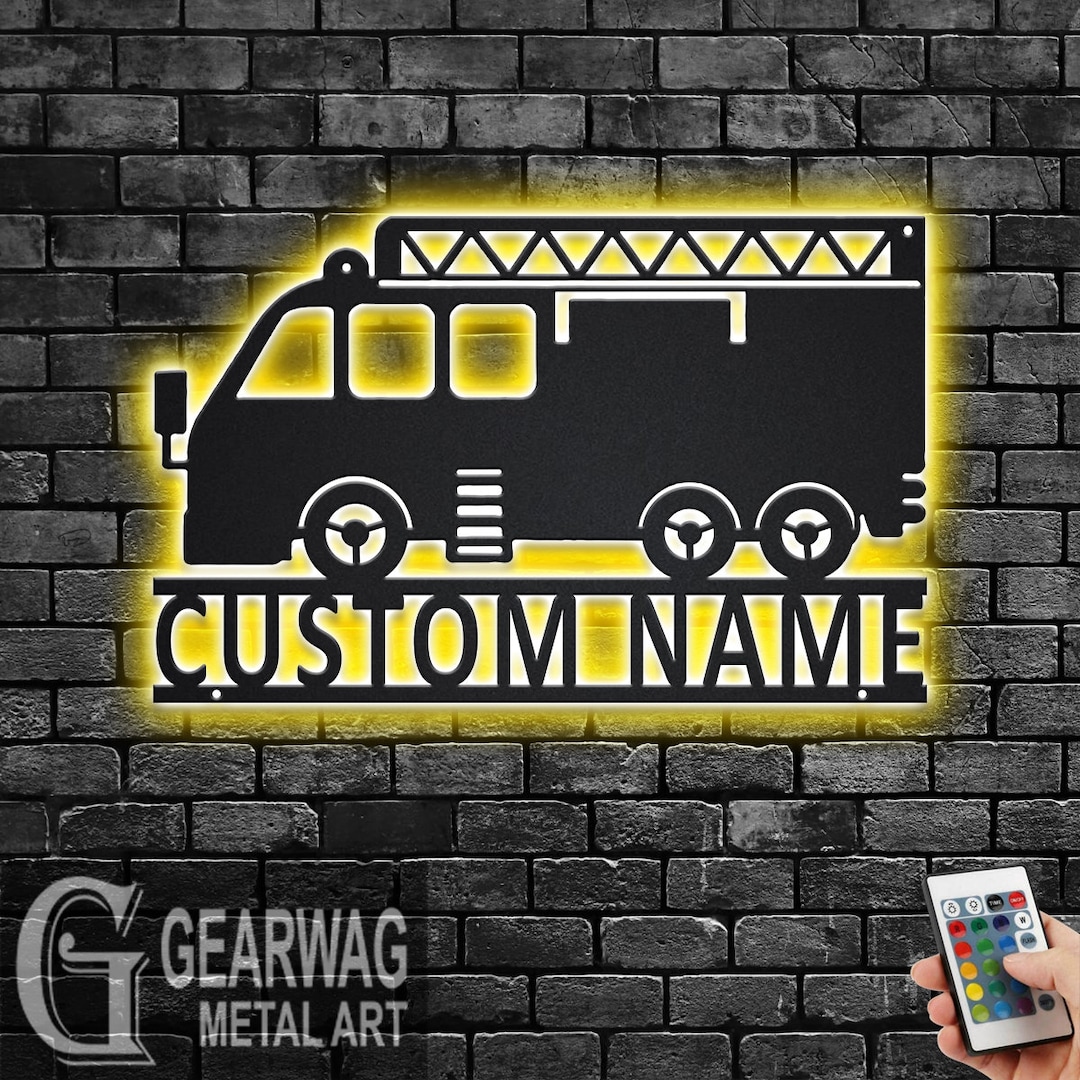 Custom Fire Truck Metal Wall Art With LED Light, Personalized Fire ...
