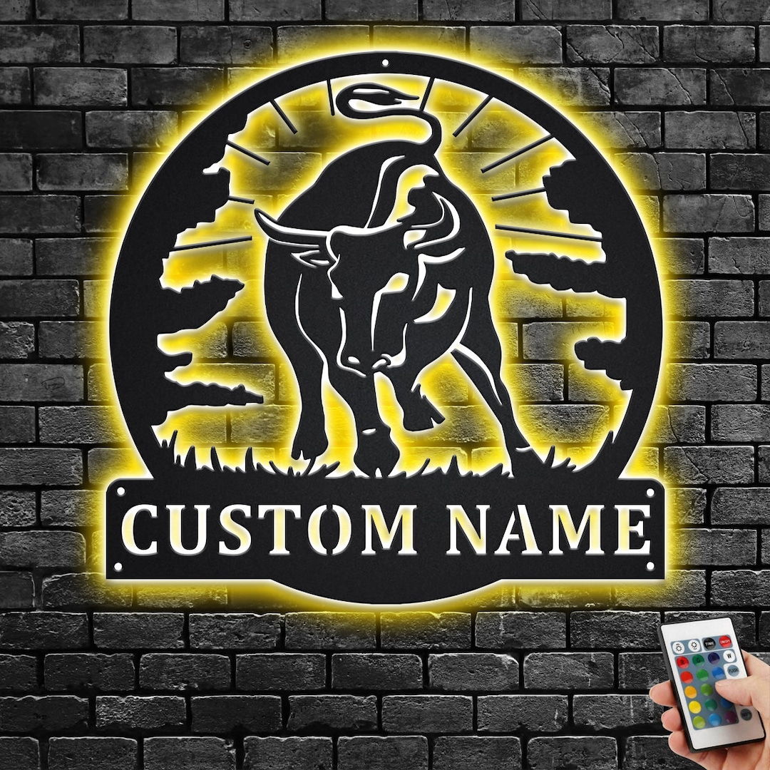 Custom Black Bull Metal Wall Art With LED Lights: Personalized Name ...
