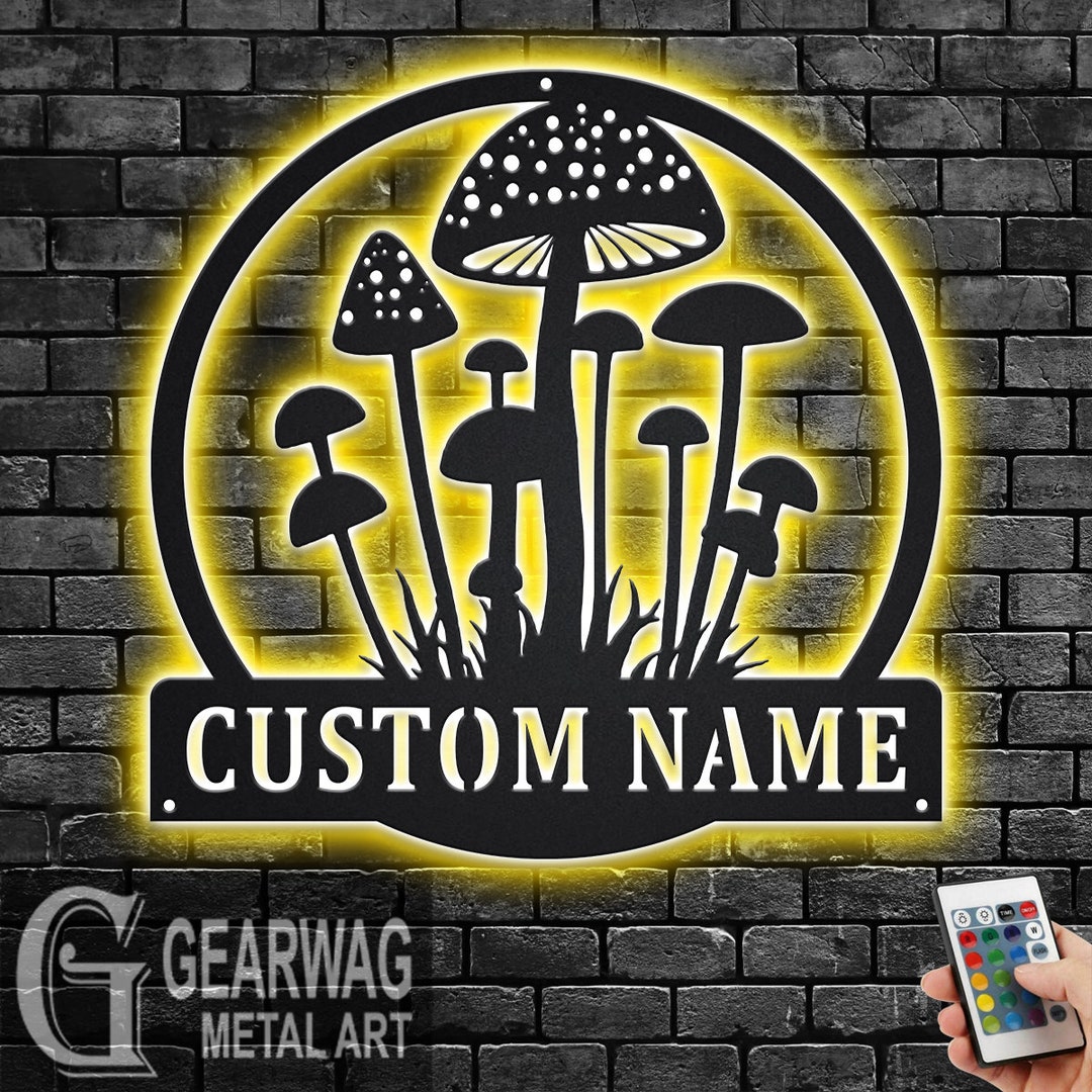 Custom Mushroom Metal Wall Art With LED Lights: Personalized Name Sign ...
