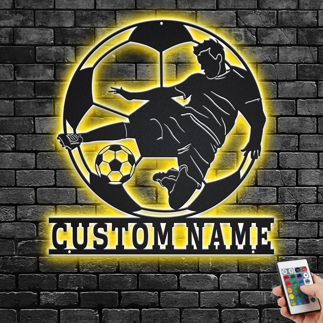 Custom Soccer Metal Wall Art With LED Light, Personalized Soccer Player ...