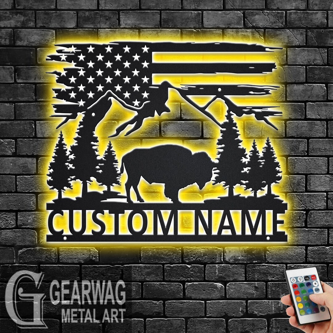Custom US Bison Metal Wall Art With LED Light, Personalized Bison Name ...
