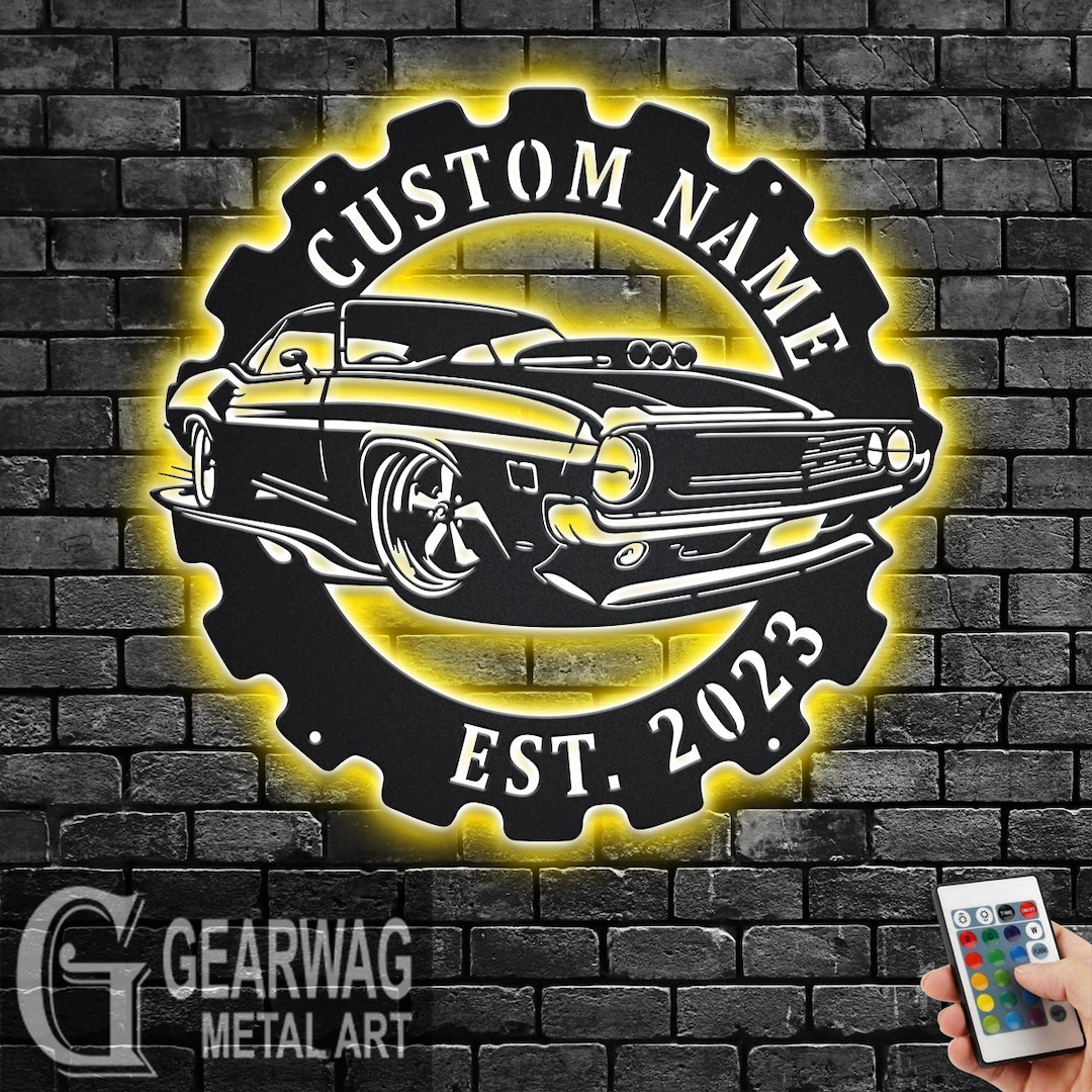 Custom Muscle Car Metal Wall Art With LED Light, Personalized Garage ...