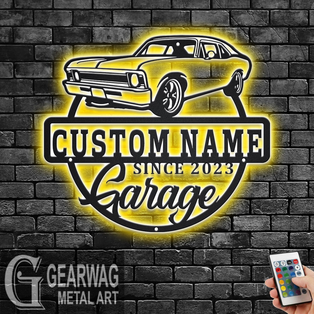 Personalized Car Garage Name Metal Sign With LED Light, Custom Garage ...