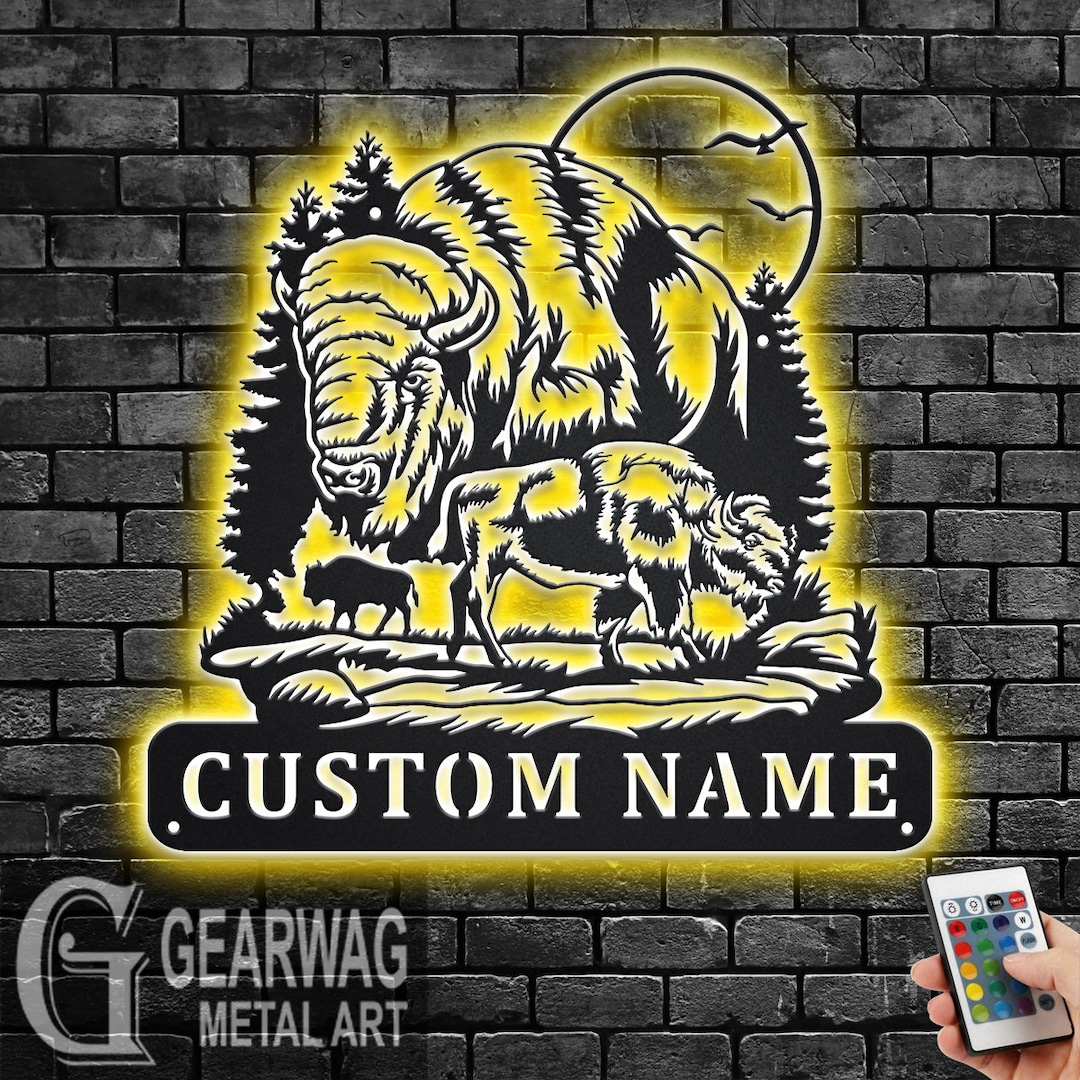 Custom Bison Metal Wall Art With LED Light, Personalized Bison Name ...