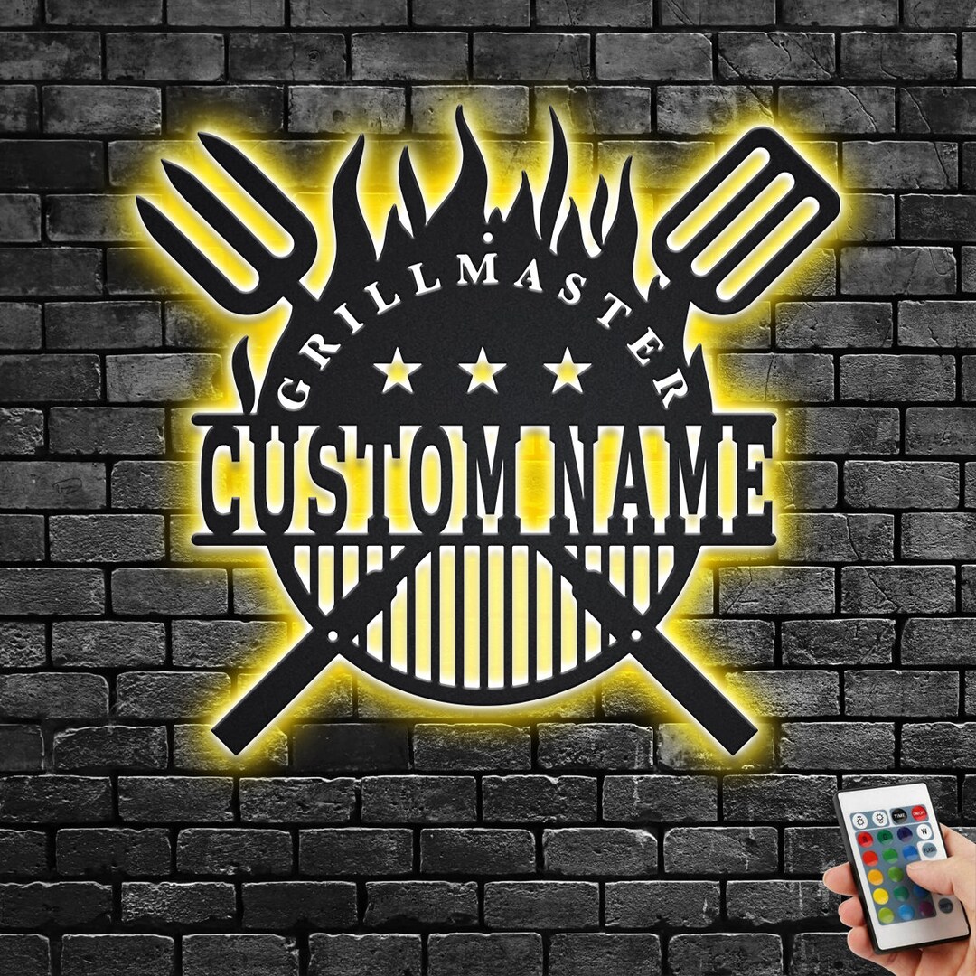 Custom Grillmaster BBQ Metal Wall Art With LED Light, Personalized BBQ ...