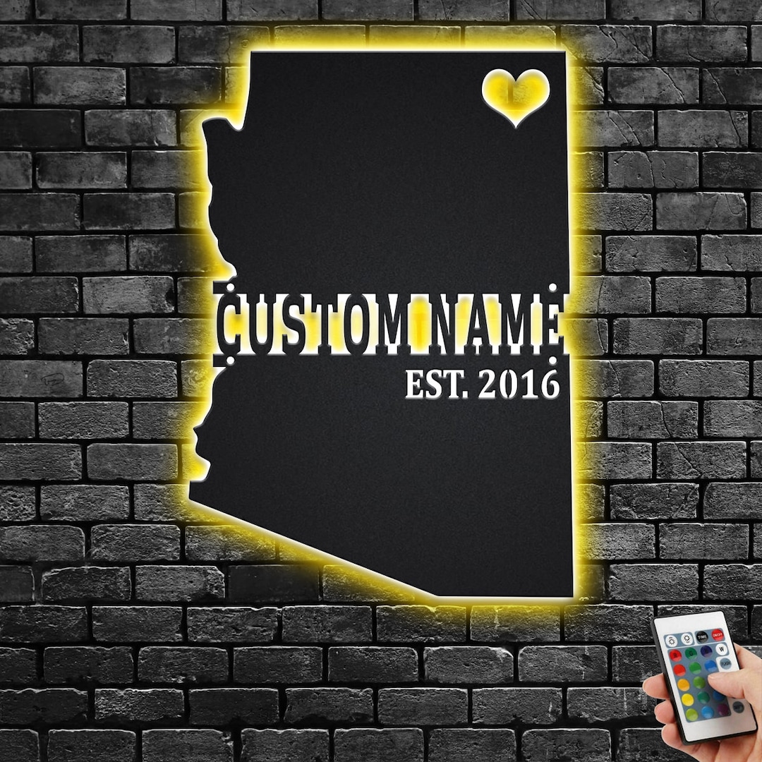 Custom Arizona Map Metal Wall Art With Led Light, Personalized Arizona ...