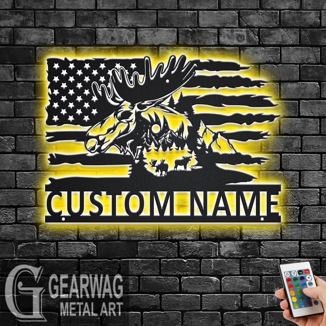 Custom US Moose Metal Wall Art With LED Light, Personalized Moose ...