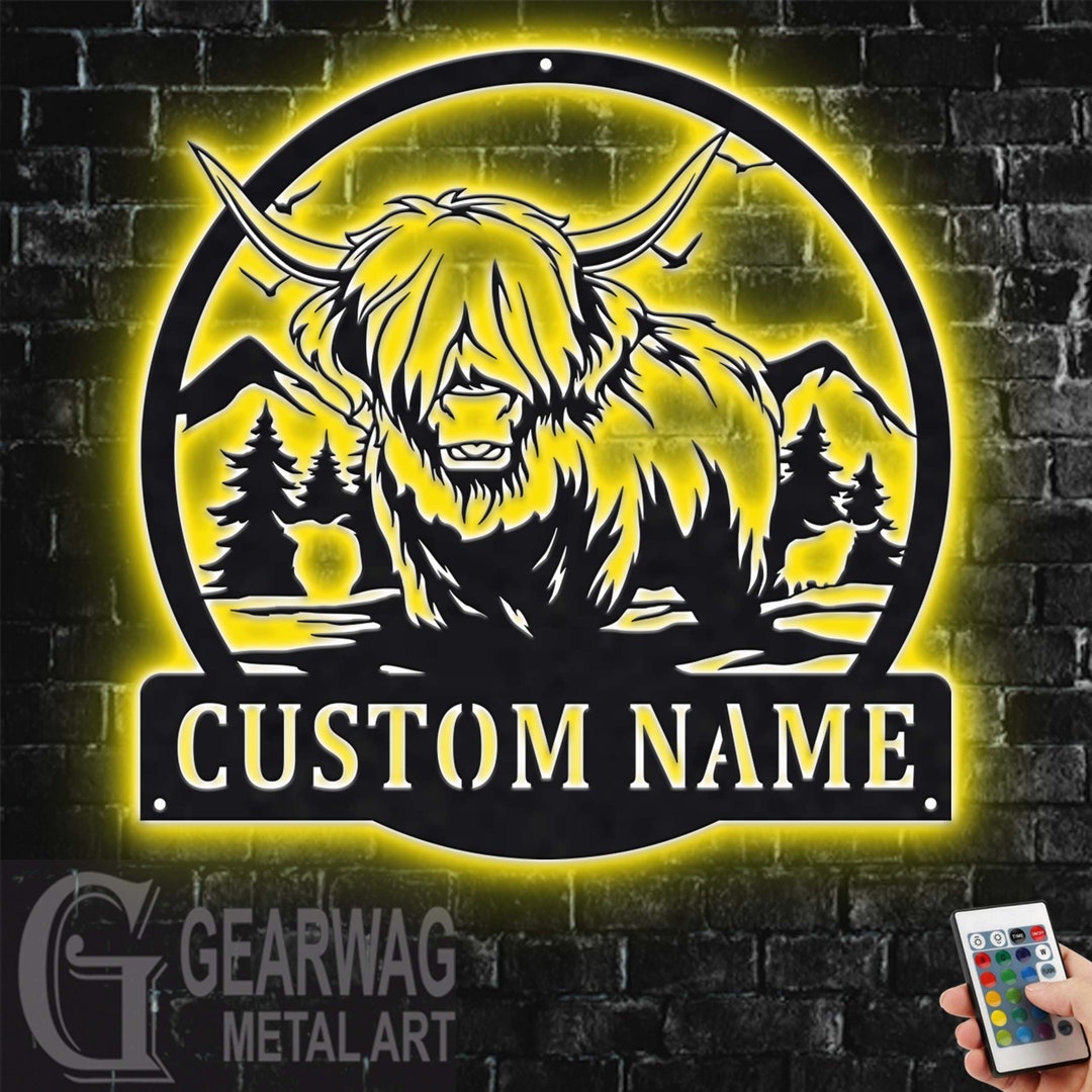 Custom Highland Cow Metal Sign With LED Light, Personalized Highland ...