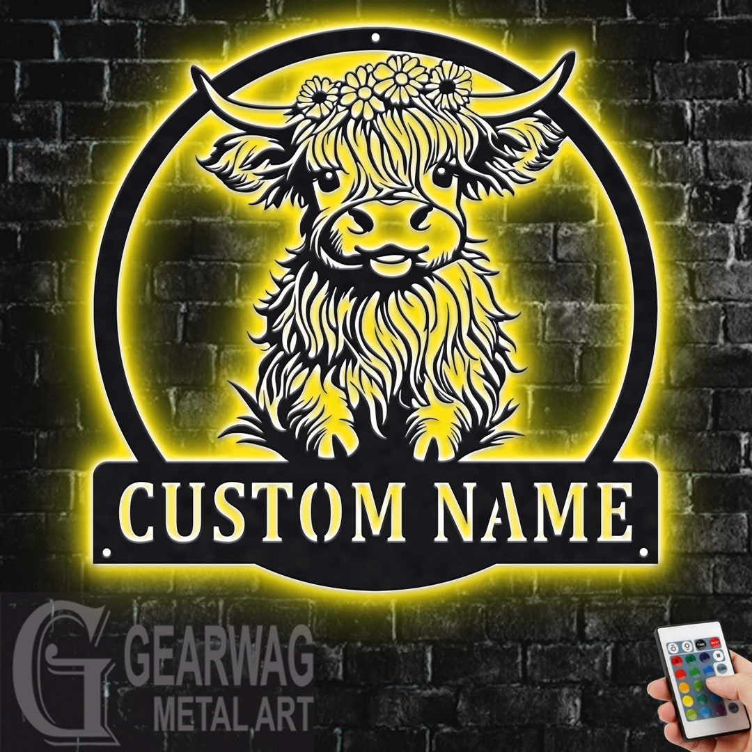 Custom Highland Cow Metal Sign With LED Lights: Personalized Room Decor ...