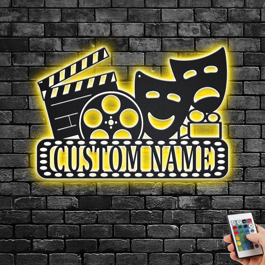 Custom Theatre Metal Wall Art With LED Light, Personalized Theater Name ...