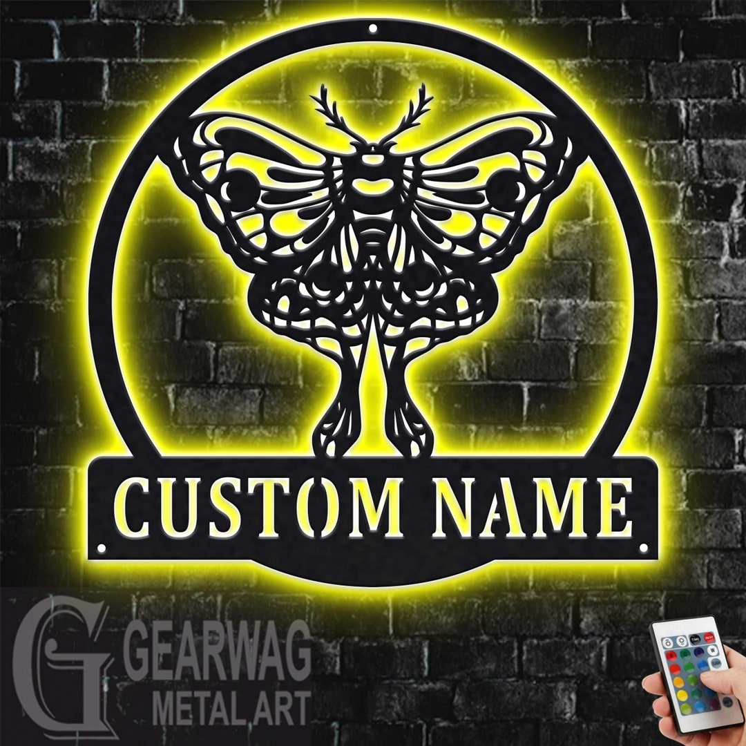 Custom Black Moth Metal Sign With LED Light, Personalized Black Moth ...