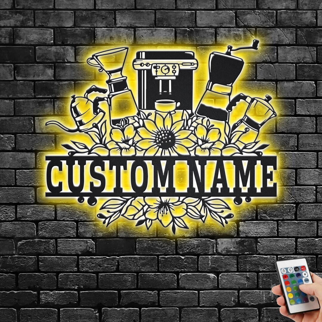 Custom Coffee Maker Frame Metal Wall Art With LED Light, Personalized ...