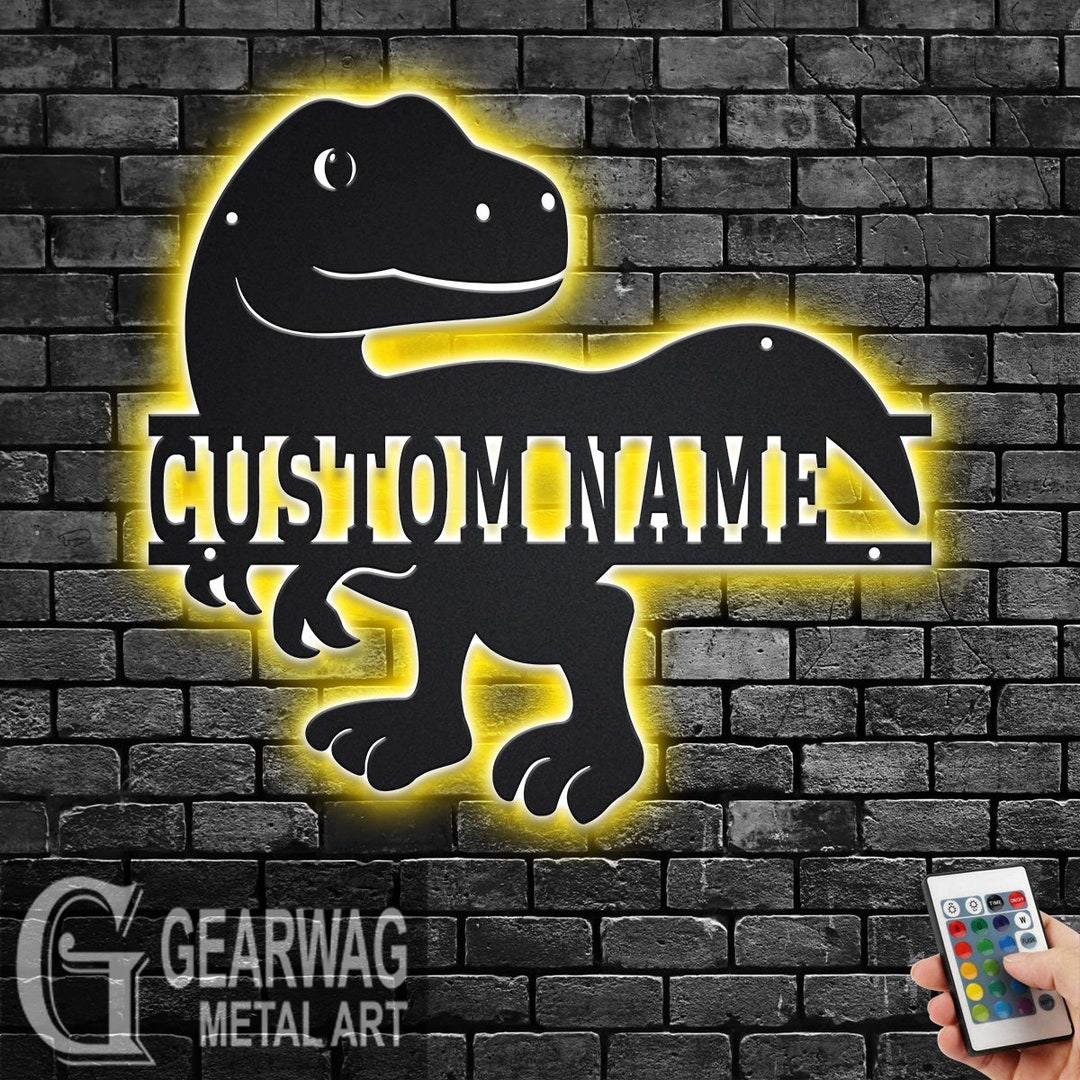 Custom Dinosaur Metal Wall Art With LED Light: Personalized Name Sign ...
