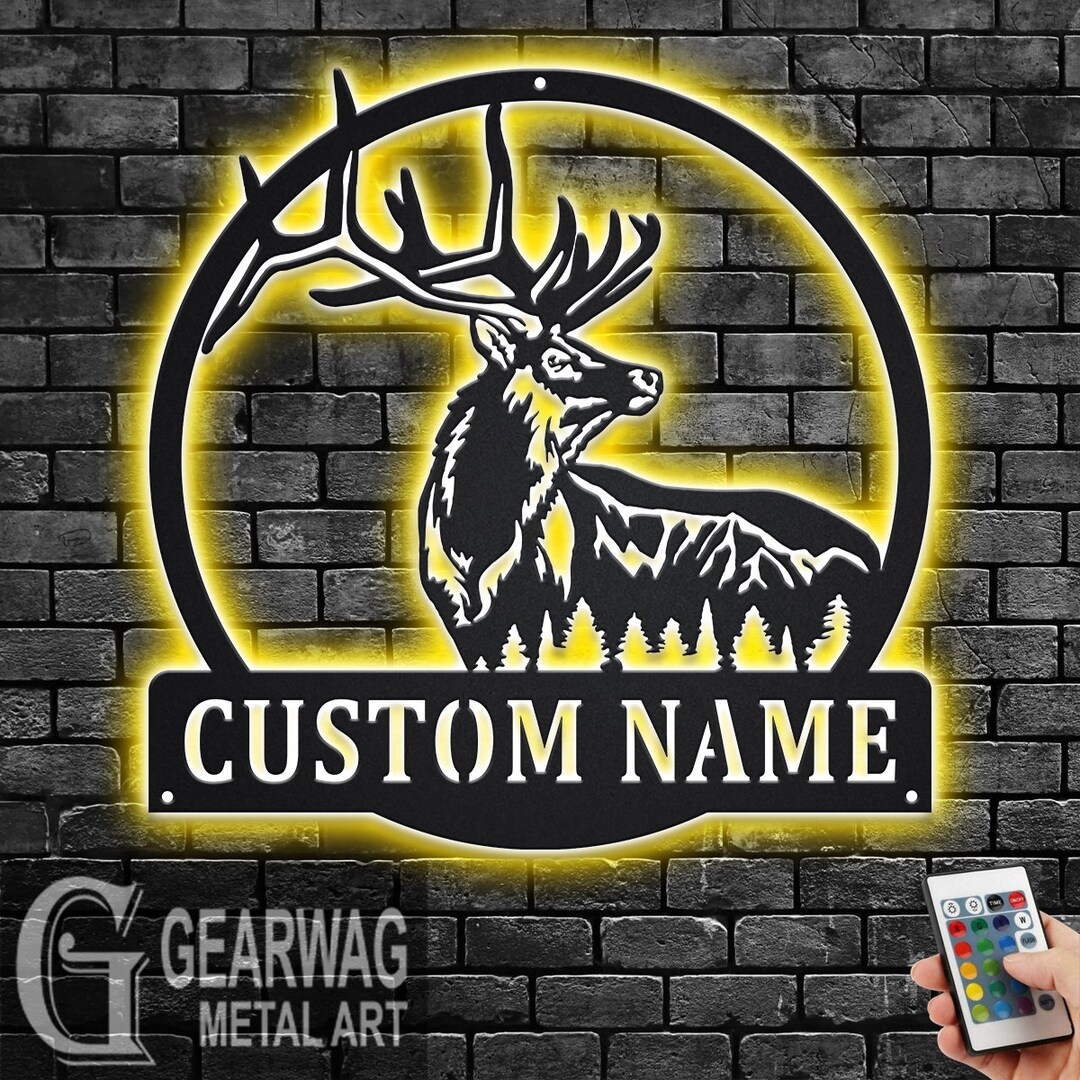 Custom Elk Metal Wall Art With LED Light, Personalized Elk Deer Name ...