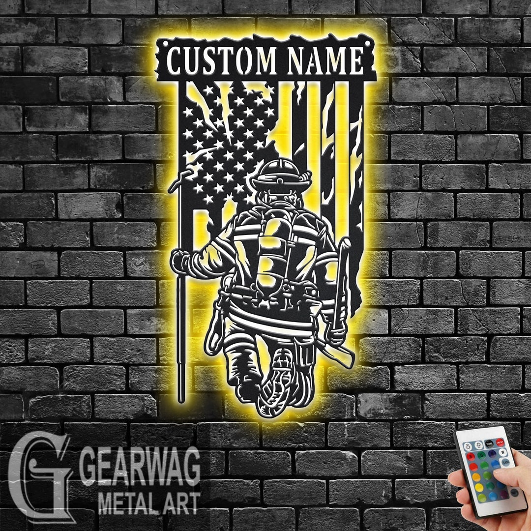 Custom US Fire Fighter Metal Wall Art With LED Light, Personalized Fire ...