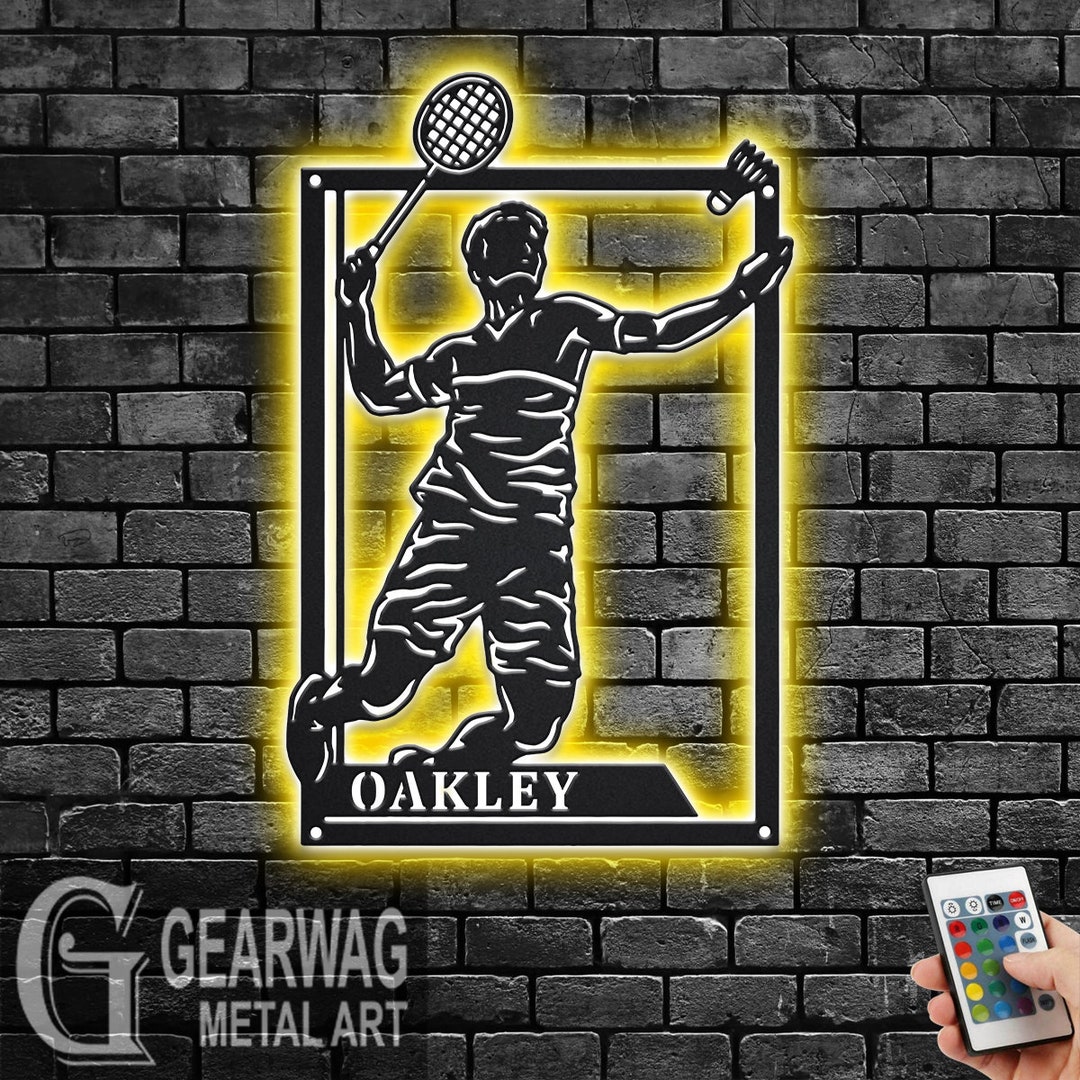 Custom Male Badminton Signage Metal Wall Art With LED Light ...