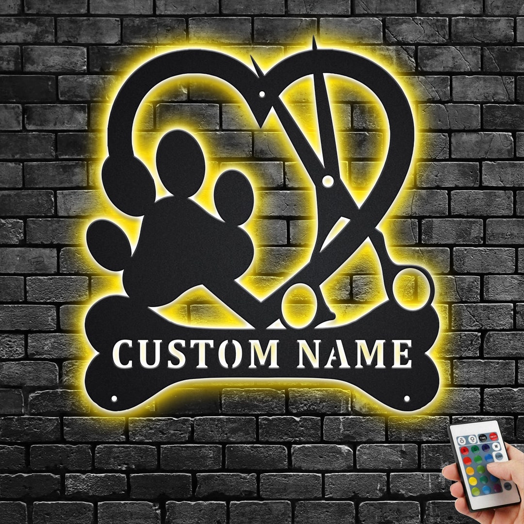 Custom Pet Grooming Shop Metal Wall Art With LED Light , Personalized ...