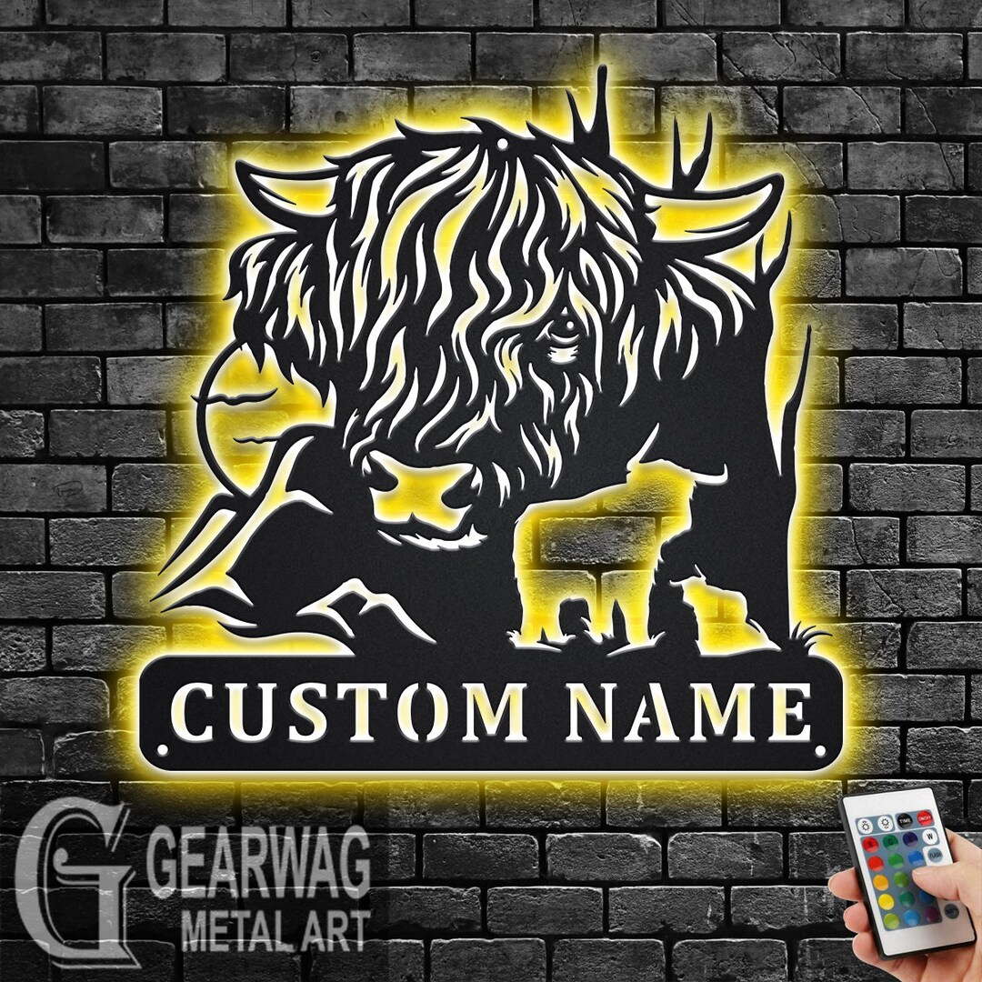 Custom Highland Cow Metal Wall Art With LED Light: Personalized Farm ...