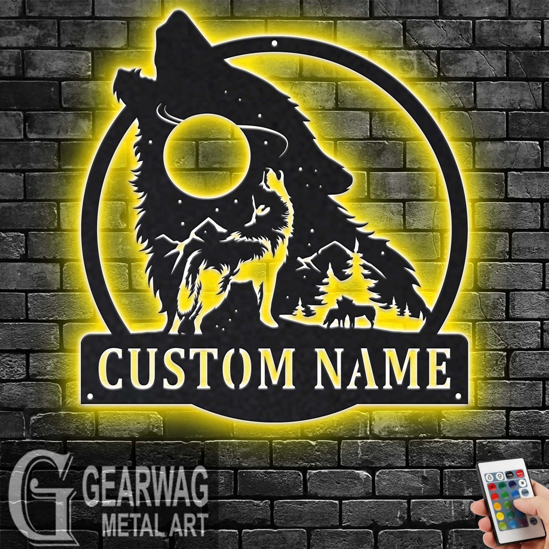 Custom Wolf Howling Metal Sign With LED Lights: Personalized Name Decor ...