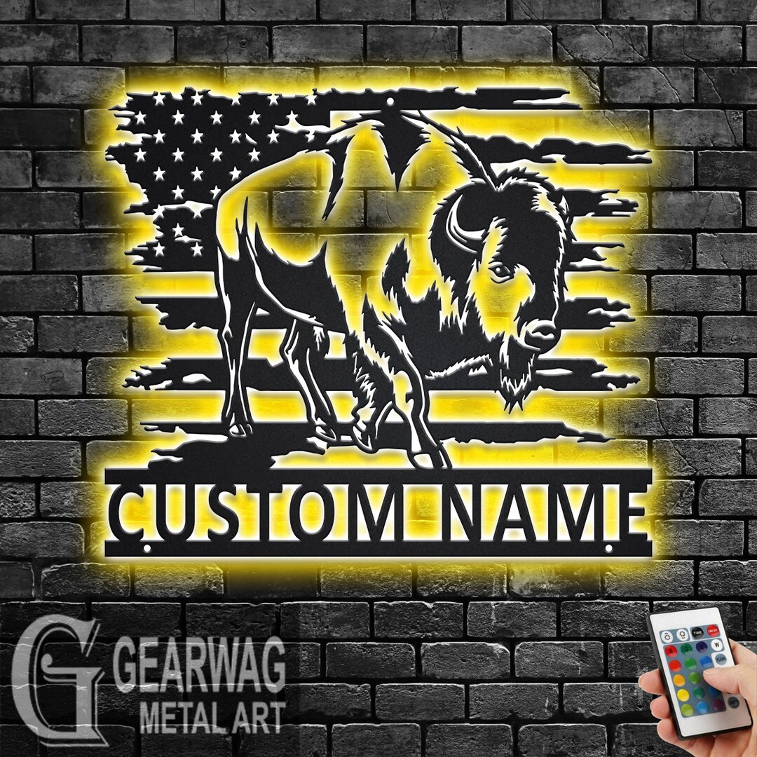 Custom US Bison Metal Wall Art With LED Light, Personalized Bison Name ...