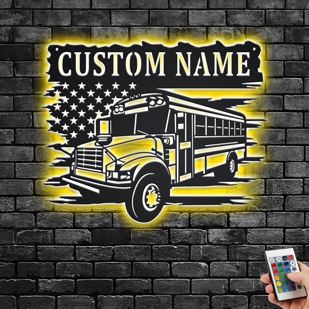 Custom US School Bus Metal Wall Art With LED Light, Personalized School ...