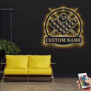 Custom Billiards Metal Wall Art With LED Light, Personalized Billiards ...