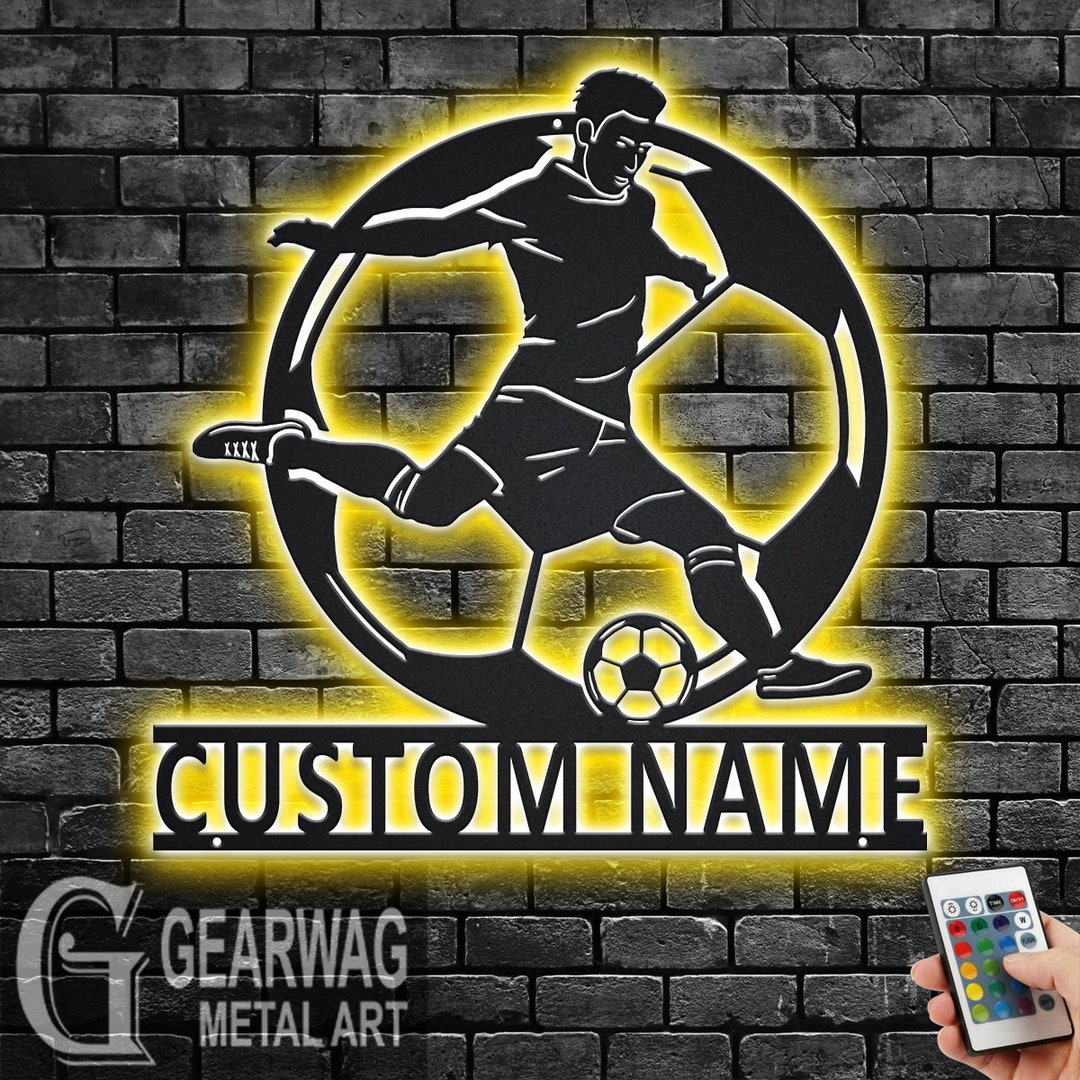 Custom Soccer Metal Wall Art With LED Light, Personalized Soccer Player ...